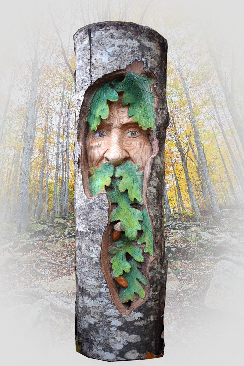 Wood spirit carving green man with oak leaves colored | AntSarT